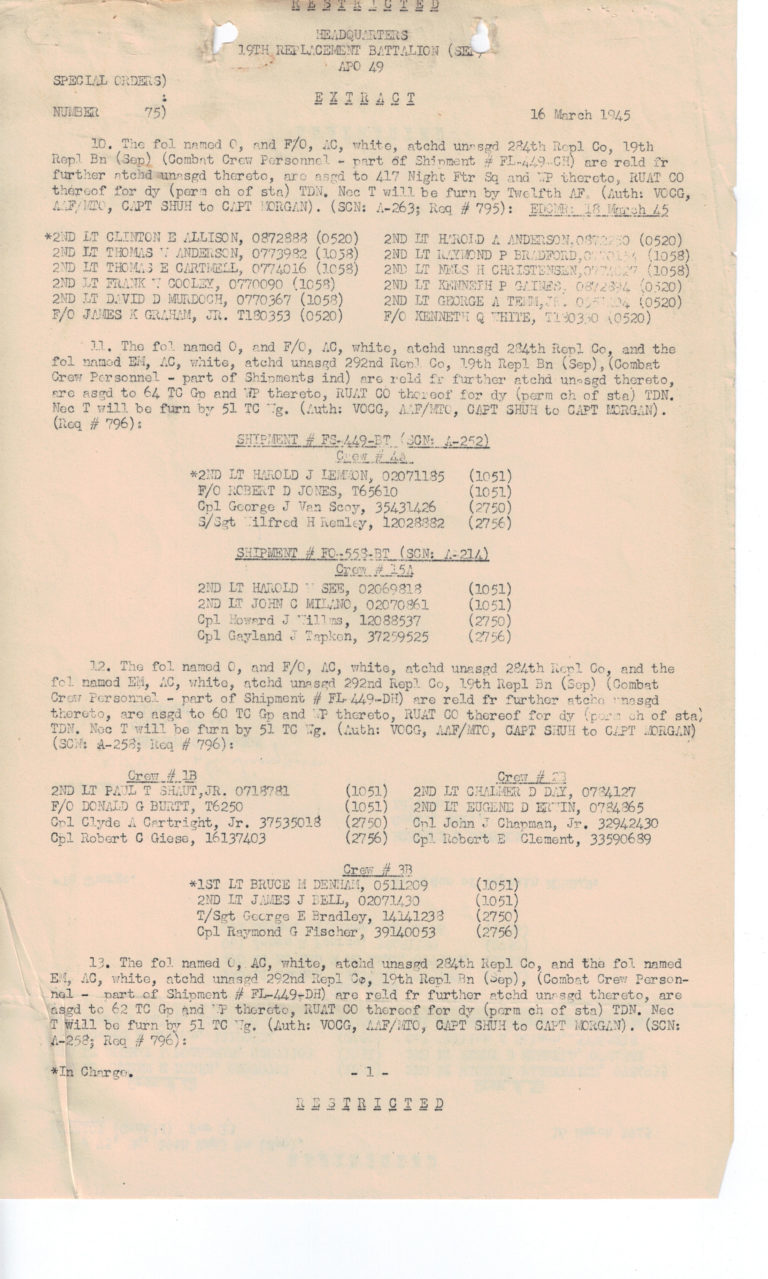 Special Orders 16 March 1945 - 2LT Thomas E. Cartmell USAAF